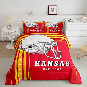 Erosebridal American Football Comforter Set Rugby Decor Sports Game Bedding Comforter Sets Twin, Boys American Football City Bedding Red Yellow White Stars Stripes Duvet Insert 2Pcs (Kansas)