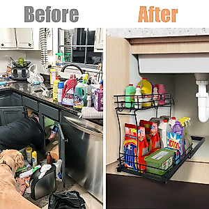 eHooyau Pull Out Cabinet Organizer 2 Tier Under Sink Slide Out Kitchen Cabinet Storage Shelf Metal Sliding Storage Basket Drawer for Kitchen Bathroom Pantry Cabinet,Least 13.6 Inch Cabinet Opening