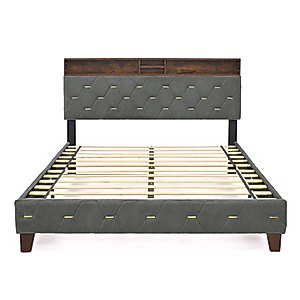 AnwickNomo Queen Size Wood Bed Frame with Fabric Upholstered Headboard and Solid Wood Slats,Wood Platform Bed with Outlet & USB Ports,No Box Spring Needed/Easy Assembly (Grey, Queen)