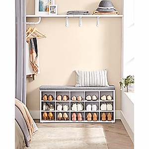 VASAGLE Shoe Bench, Storage Bench, Shoe Rack Bench, Shoe Shelf, Storage Cabinet, 15 Compartments, with Cushion, for Entryway, 11.8 x 41.3 x 18.9 Inches, White and Gray ULHS15WT