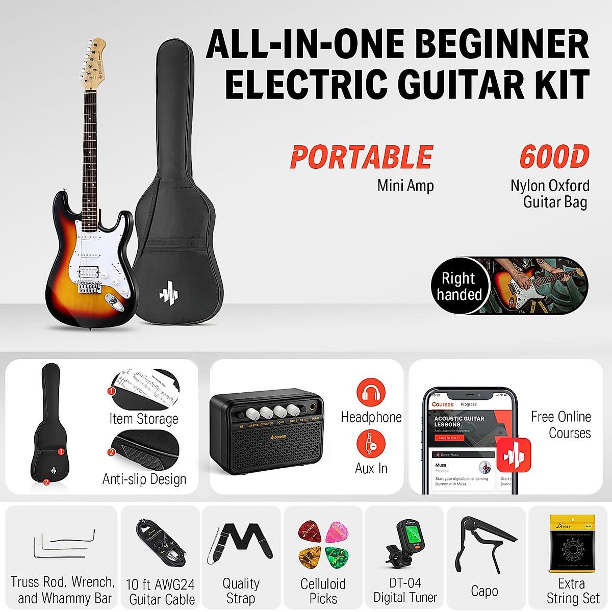 Donner DST-100S 39 Inch Full Size Electric Guitar Kit Solid Body Sunburst, Beginner Starter, with Amplifier, Bag, Capo, Strap, String, Tuner, Cable, Picks