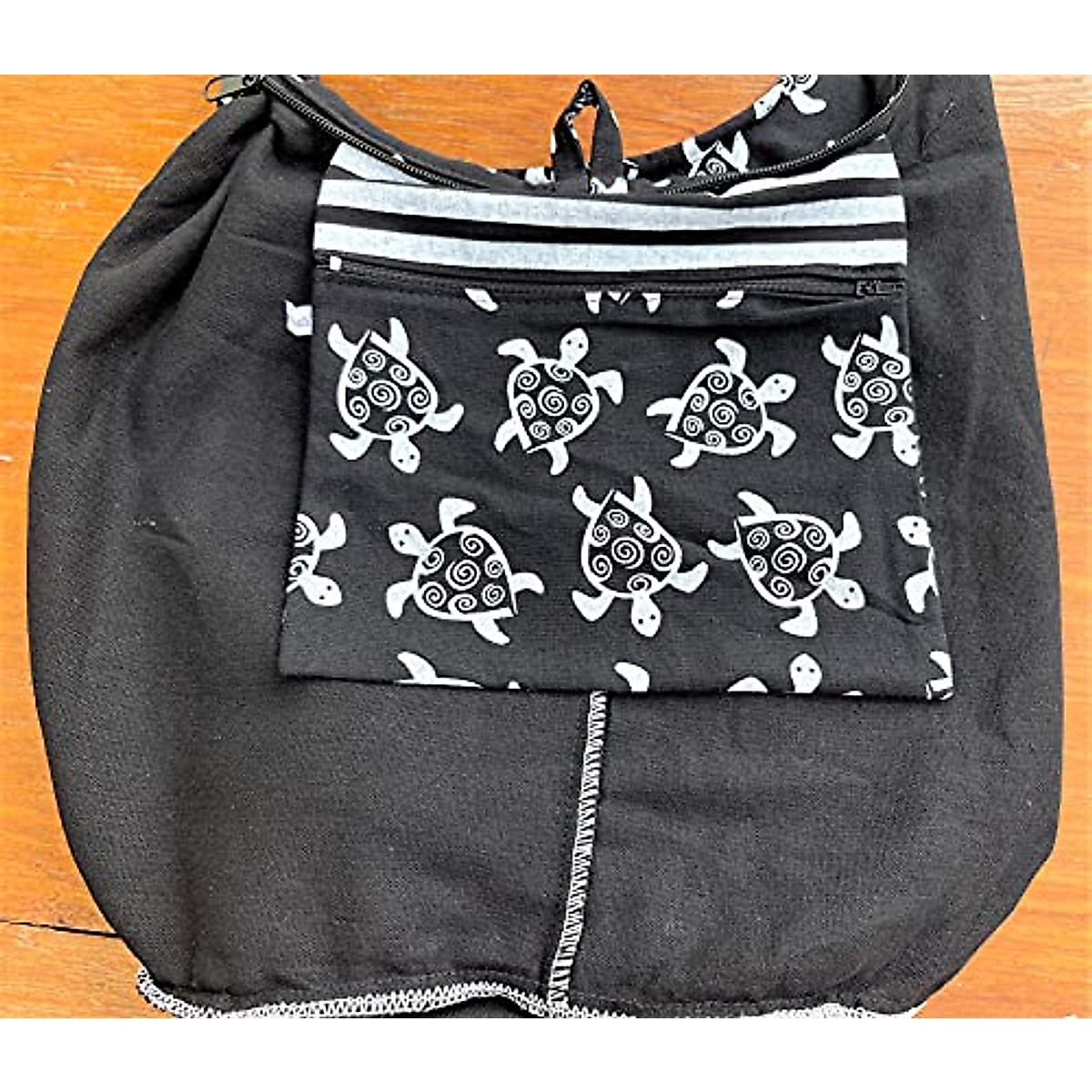Fully Lined Sea Turtle Crossbody Sling Bag - Front Zippered Pocket - Handmade Bohemian Thai Hippie hobo Shoulder Cotton Purse - Medium - Black and White (Black and White)