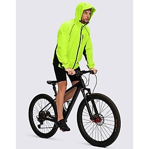 Men's Cycling Rain Jackets Waterproof Running Windbreaker Hooded Reflective Bike Hiking Biking Windproof Bicycle Riding(Fluorescent Yellow/Black,4XL)