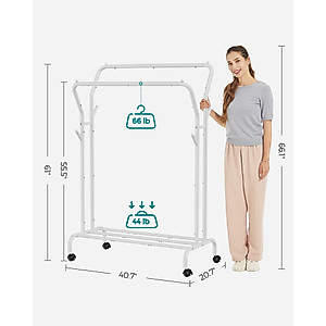 SONGMICS Clothes Rack, Double-Rod Clothing Rack with Wheels, Heavy-Duty Metal Frame, Garment Rack, 220 lb Max. Total Load, 40.7 Inches Wide, Clothes Storage and Display, White UHSR107W01