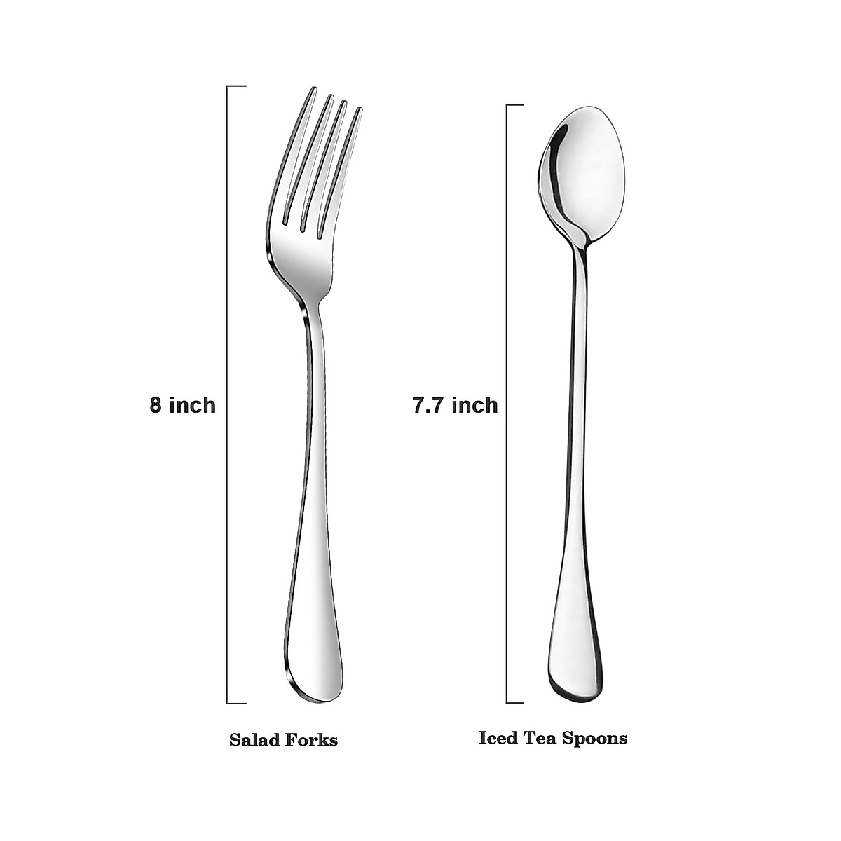 SANTUO Spoons and Forks Set, 6-Piece 8" Salad Forks and 6-Piece 7.7" Iced Tea Spoons Long Handle Stainless Steel Use for Camping or Afternoon Tea, Mirror Polished & Dishwasher Safe