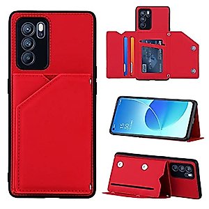 SATURCASE Case for Oppo Reno 6 Pro 5G, PU Leather Soft Silicone TPU Anti-Drop Foldable Kickstand Card Slots Metal Buttons Protective Back Cover for Oppo Reno 6 Pro 5G (Red)