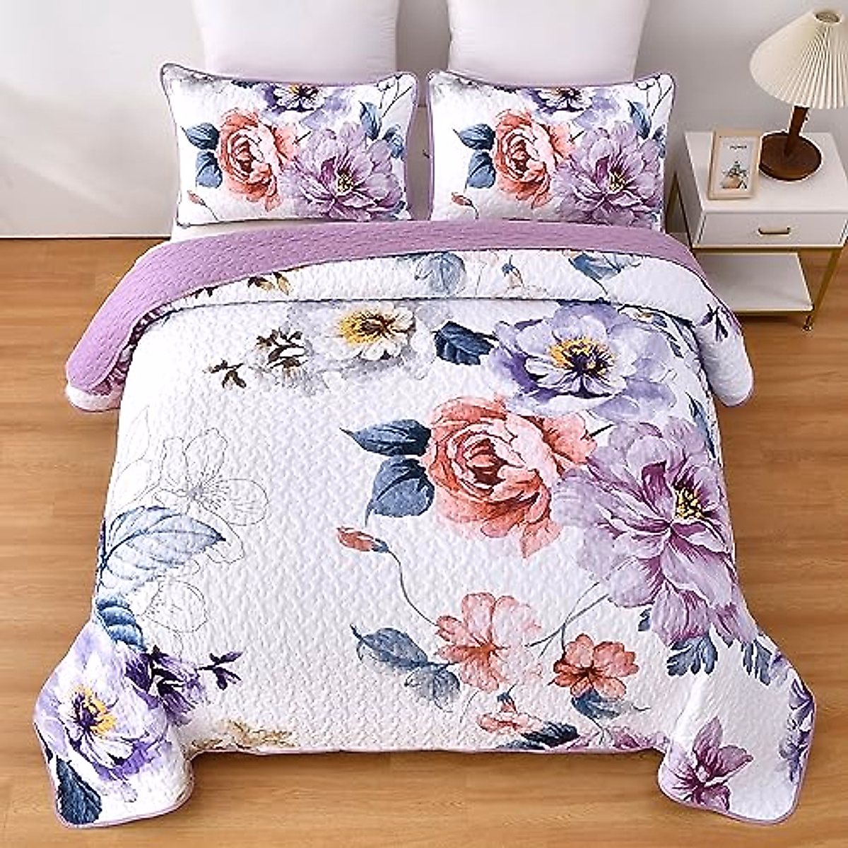 Dobuyly Purple Floral Quilt Set King Size, 3 Pieces Botanical Flower Printed on White Quilt Bedding Set Soft Microfiber Lightweight Bedspread Coverlet Set for All Season 104" x 90"