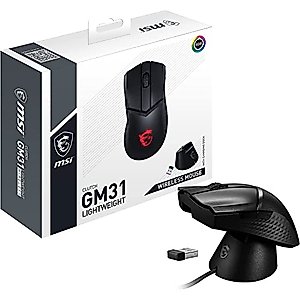 MSI Clutch GM31 Lightweight Wireless Ergonomic Gaming Mouse & Charging Dock, 12K DPI Optical Sensor, 60M Omron Switches, Fast-Charging 110Hr Battery, RGB Mystic Light, 5 Programmable Buttons, PC/Mac