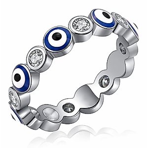 Esbbela Evil Eye Ring for Women 18K White Gold Plated Eye Band Cubic Zirconia Braided Engagement Promise Statement Ring Jewelry Blue Eye Size 8