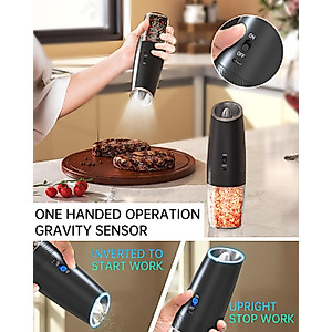CIRCLE JOY Gravity Electric Salt and Pepper Grinder Set Rechargeable Salt and Pepper Grinder Set with LED Light, No Battery Needed, Adjustable Coarseness, Washable 135ml Container, Black