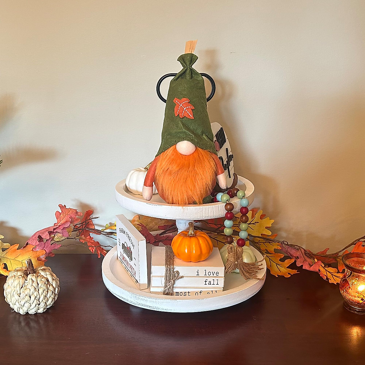 Liswit Set of 9 Fall Tiered Tray Decor with Gnome Book Stack Hello Pumpkin 3 Artificial Pumpkins & Bead for Autumn Halloween Thanksgiving Harvest Decoration Home Decor Set