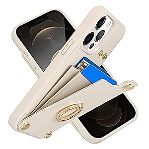 LAMEEKU for iPhone 12 Pro/iPhone 12 Wallet Case 6.1'', Leather Case with Card Holder, 360°Rotation Ring Stand, RFID Blocking Protective Case for Women for Apple iPhone 12 / iPhone 12 Pro Beige