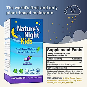 Nature's Night Kids | Plant Based Melatonin 1MG | Natural Grape Flavor | 60 Chewable Tablets | Gluten Free | Non-GMO | Drug Free | Vegan | 100% Natural |