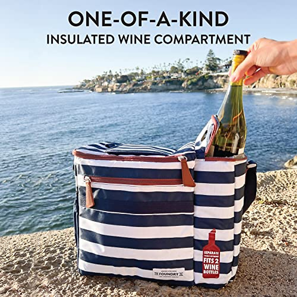 Foundry by Fit + Fresh, Brooks Dual-Compartment Insulated Cooler Bag with Wine Cooler Compartment, Food & Beverage Beach Bag, Picnic Basket, Perfect for Tailgating & Camping Accessories, Navy Stripe