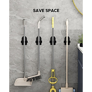 MCOMCE Broom Holder Wall Mount (Black 4 Count), Broom Holder, Broom and Mop Organizer Wall Hanging, Mop and Broom Holder Wall Mount, Broom Organizer Wall Mount for Home, Kitchen, Garage Storage