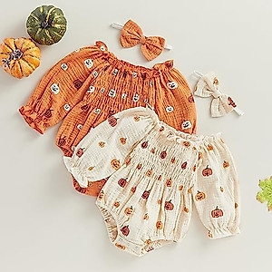 farrubbyine8 Baby Girl Halloween outfit Cute Pumpkin Romper Long Sleeve Bodysuit First Halloween Outfit Newborn Girl Fall Clothes (Beige, 12-18 Months)