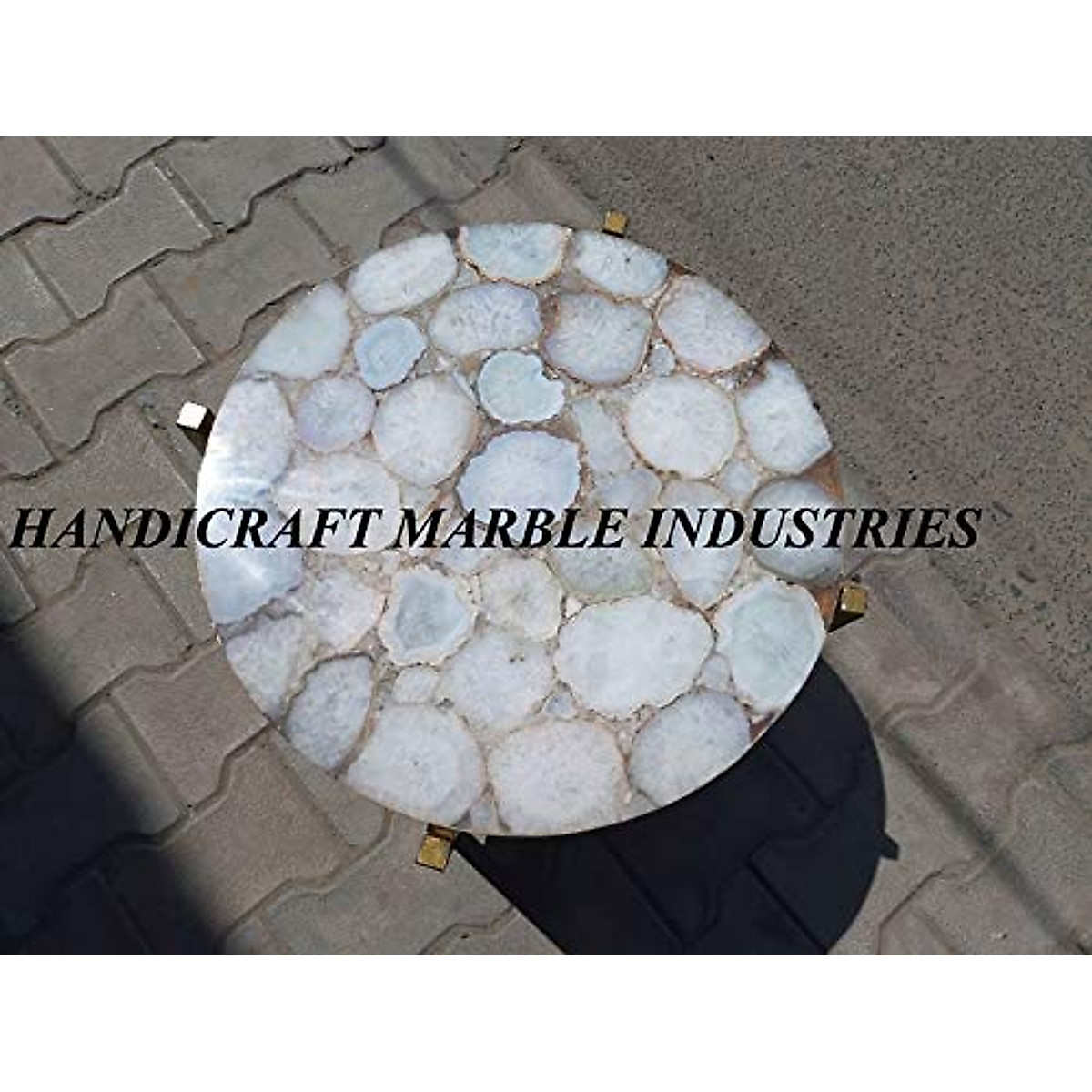 18" Inch Round Natural White Agate Coffee Table with Gold or Silver Foil coated borders with Metal Base, Agate Table, Stone Coffee Table, Agate Table Top, Agate Round Coffee Table