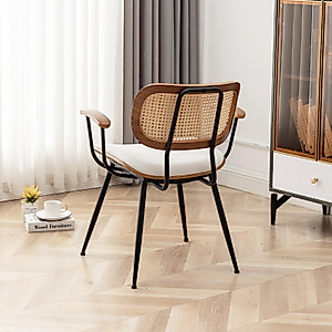 YOUUGIOR Rattan Dining Room Chairs Set of 2,Mid Century Modern Kitchen Side Chairs, Metal Legs Desk Chairs,Linen Fabric Accent Chairs with Arms and Rattan Backrest,Beige