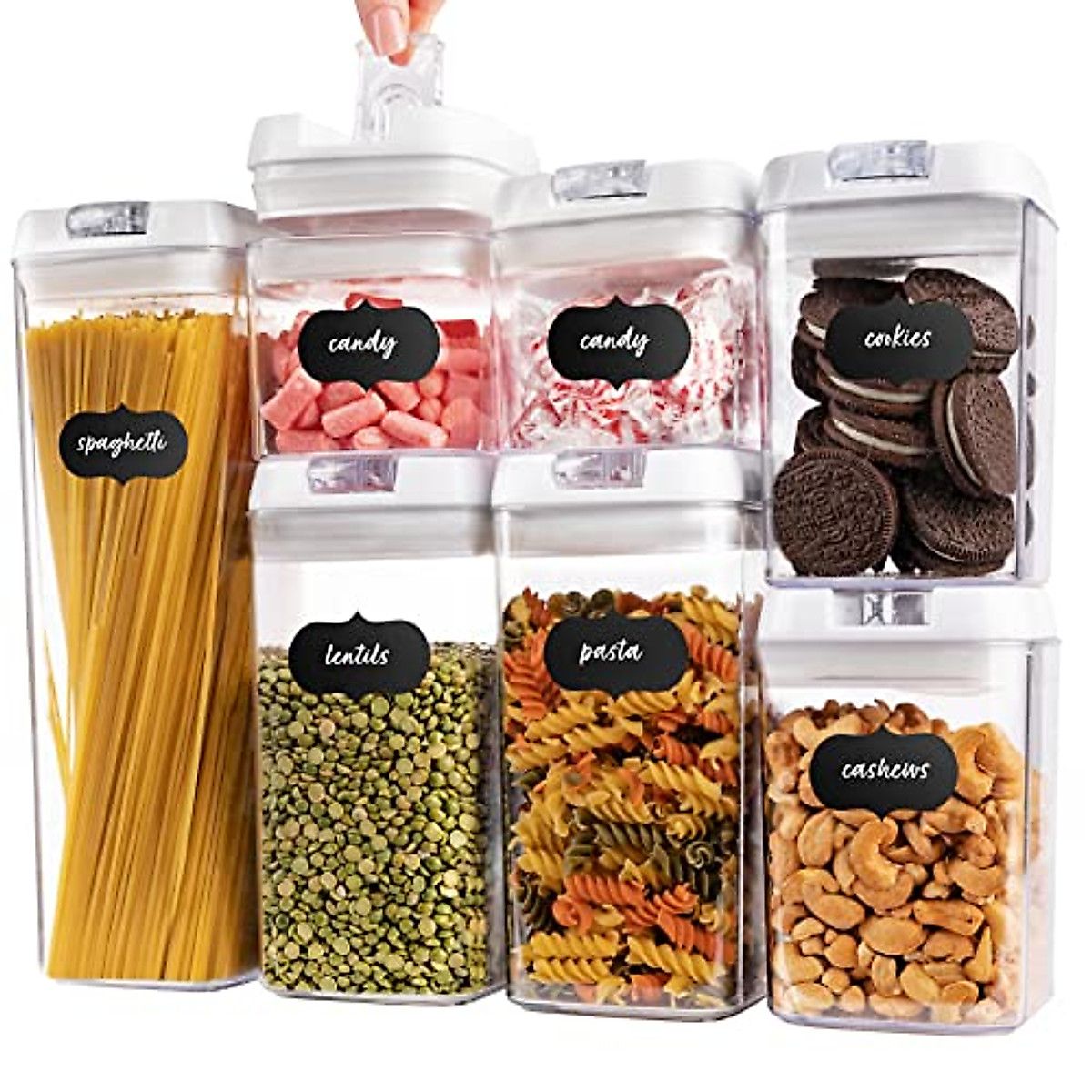 Airtight Food Storage Containers - Clear Plastic, Lid Lock, Reusable Stickers, Various Sizes, BPA Free. Perfect Dry Food Storage Organization for Kitchen and Pantry. (Set of 7)