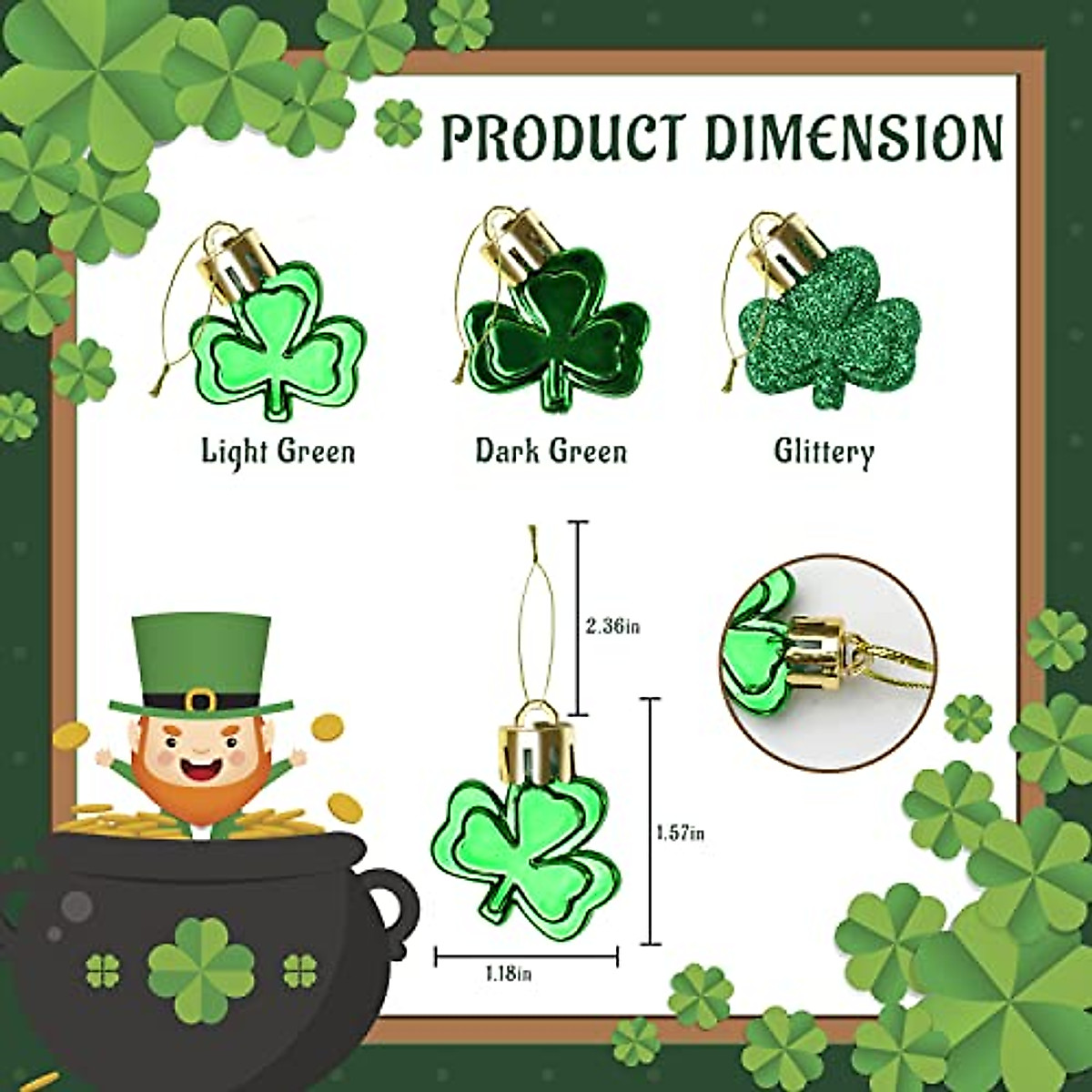 KIMOBER 36PCS St. Patrick's Day Shamrocks Ornaments,Green Luck Clover Hanging Baubles for Irish Festival Home Party Decoration