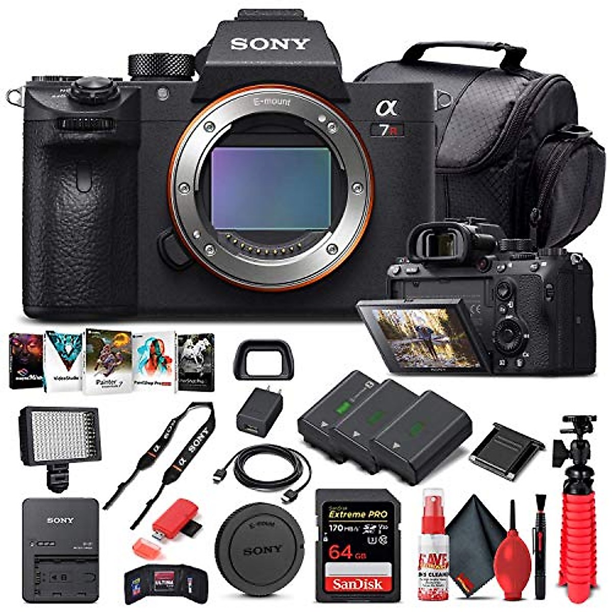 Sony Alpha a7R III Mirrorless Digital Camera (Body Only) (ILCE7RM3/B) + 64GB Memory Card + 2 x NP-FZ-100 Battery + Corel Photo Software + Case + Card Reader + LED Light + More (Renewed)
