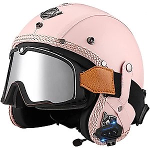 3/4 Bluetooth Motorcycle Helmet, Leather Vintage Motorbike Half Helmet, Men Women Open Face Helmet with Goggles Jet Scooter Crash Helmet for Four Seasons, Men Women DOT/ECE Certified-K-XX-Large