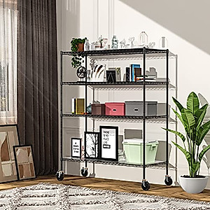 Raynesys Wire Shelving with Wheels, 2000Lbs Heavy Duty NSF-Certified Metal Storage Shelf, Commercial-Grade Adjustable Utility Rack with Shelf Liners Set of 4, 4-Tier 60x24x72 in, Matte Black