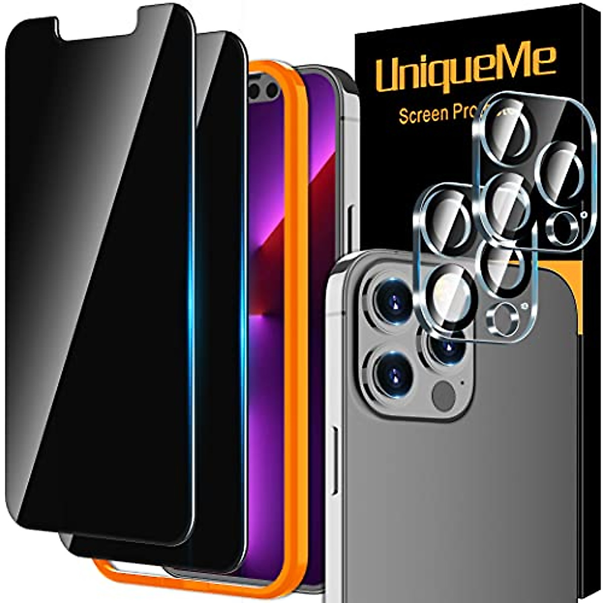 UniqueMe Compatible with iPhone 13 Pro Max Privacy Screen Protector, Tempered Glass and Camera lens Protector, Anti Spy [Easy Installation Frame] Bubble Free Case Friendly 2+2 Pack