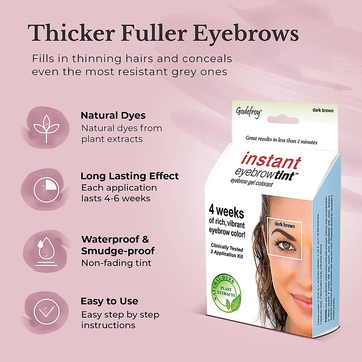Godefroy Instant Eyebrow Color, Dark Brown, .18 ounces, 12-weeks of long lasting brow color, 3-applications per kit