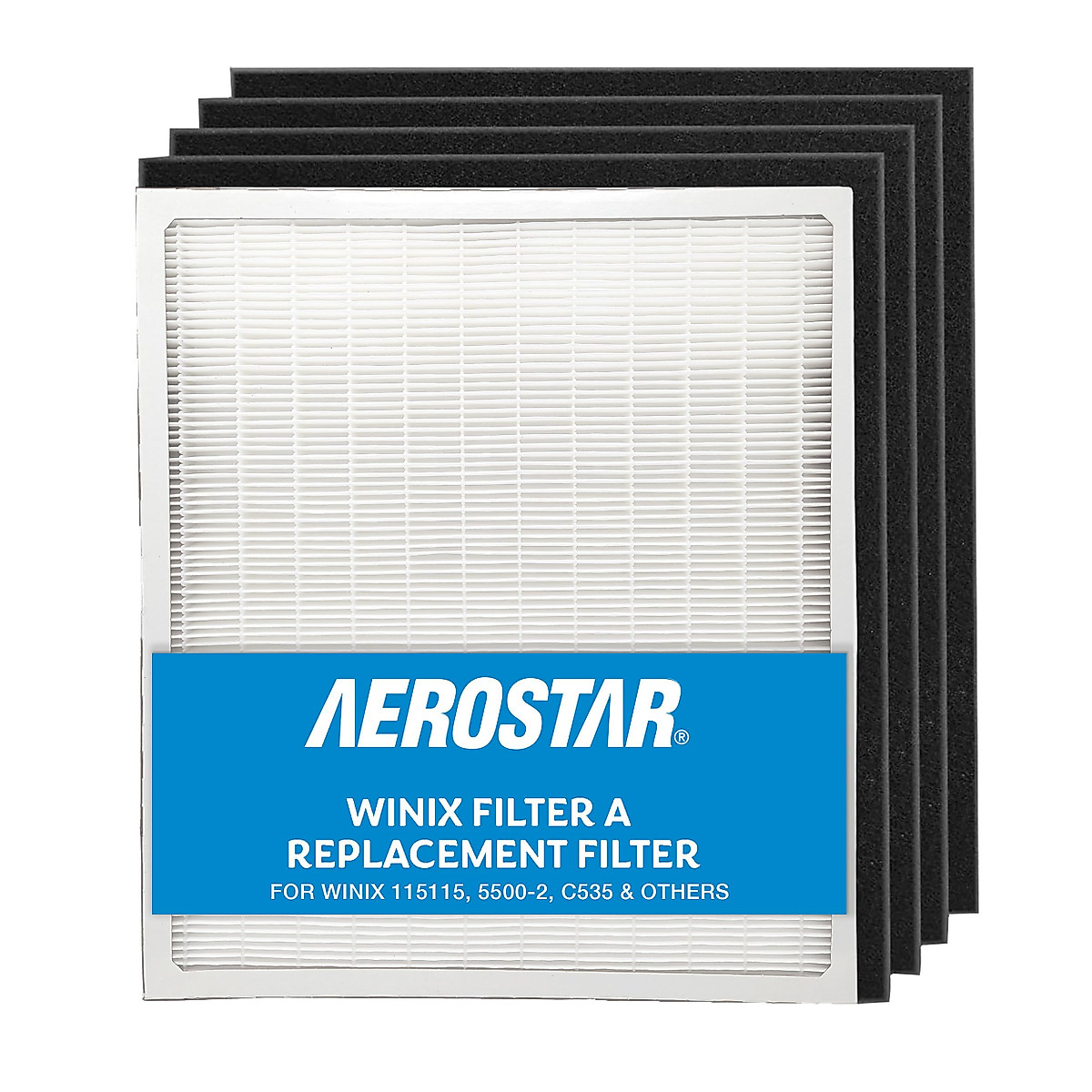 Aerostar HEPA Replacement Air Purifier Filter for Winix Filter A, 115115, 5500-2, C535 & Others (1 HEPA + 4 Carbon Prefilters)