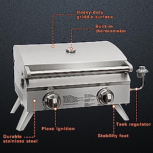 Hykolity 20 in. Portable Propane Grill, 20,000 BTU Stainless Steel Tabletop Propane Gas Grill with Travel Locks, Built in Thermometer, Propane Grill for Camping, Outdoor, Cooking, Tailgating