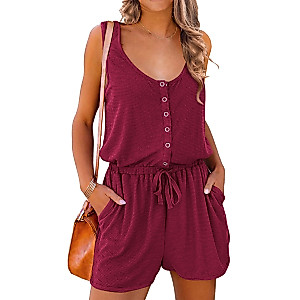 PRETTYGARDEN Women's Summer Casual Shorts Jumpsuit Plain Scoop Neck Button Down Sleeveless Tank Top Rompers With Pockets(Jujube Red,Large)