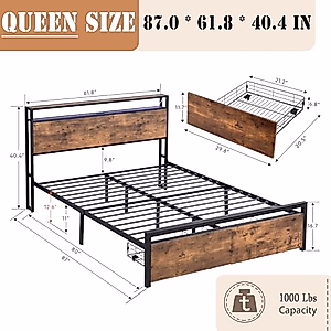 SAMTRA Bed Frame with Headboard & 2 Storage Drawers, Wooden Headboard with Led Lights and Charging Station Shelf, Metal Platform & Slat Bedframe, Easy Assembly (Brown Simple (with 2 Drawers), Queen)