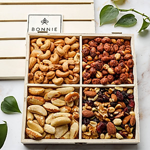 Mothers Day Nut Gift Basket, Healthy Gift Idea in Reusable Wooden Crate, Gourmet Snack Food Box, with Unique Flavors, Thanksgiving, Christmas, Holidays, Thank You, Sympathy- 4 Sections- Bonnie & Pop