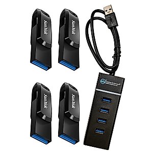 SanDisk 32GB Ultra Dual Drive Go (SDDDC3-032G-G46) 2-in-1 USB Type-A & Type-C Flash Drive - 4 Pack Bundle with (1) Everything But Stromboli 4 Port USB 3.0 Hub