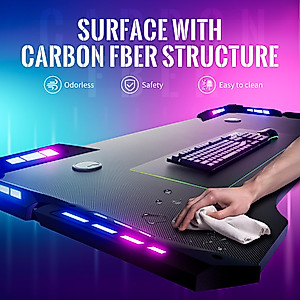 Gamtimer Gaming Desk with LED Lights,55 inch Carbon Fiber Surface RGB Gaming Computer Table, 384 Color Mode with Remote Control, Cup Holder and Headphone Hook - Black