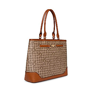 Anne Klein Large Horsebit Tote in Tile Lion Logo, Cream-Brown/Saddle