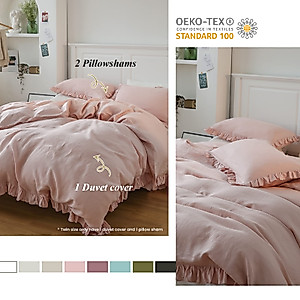 Simple&Opulence 100% Linen Frill Farmhouse Duvet Cover Set,King Size(104''x92''),3 Piece Belgian Flax Bedding(1 Comforter Cover+2 Pillowshams)with Ruffled Edges,Natural Soft and Breathable,Blush Pink