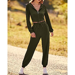 KIRUNDO Two Piece Outfits For Women Tracksuit Long Sleeve Slim Cropped Hooded Jacket Jogger Sweatpants Y2K Sweatsuit Set (Army Green, Medium)