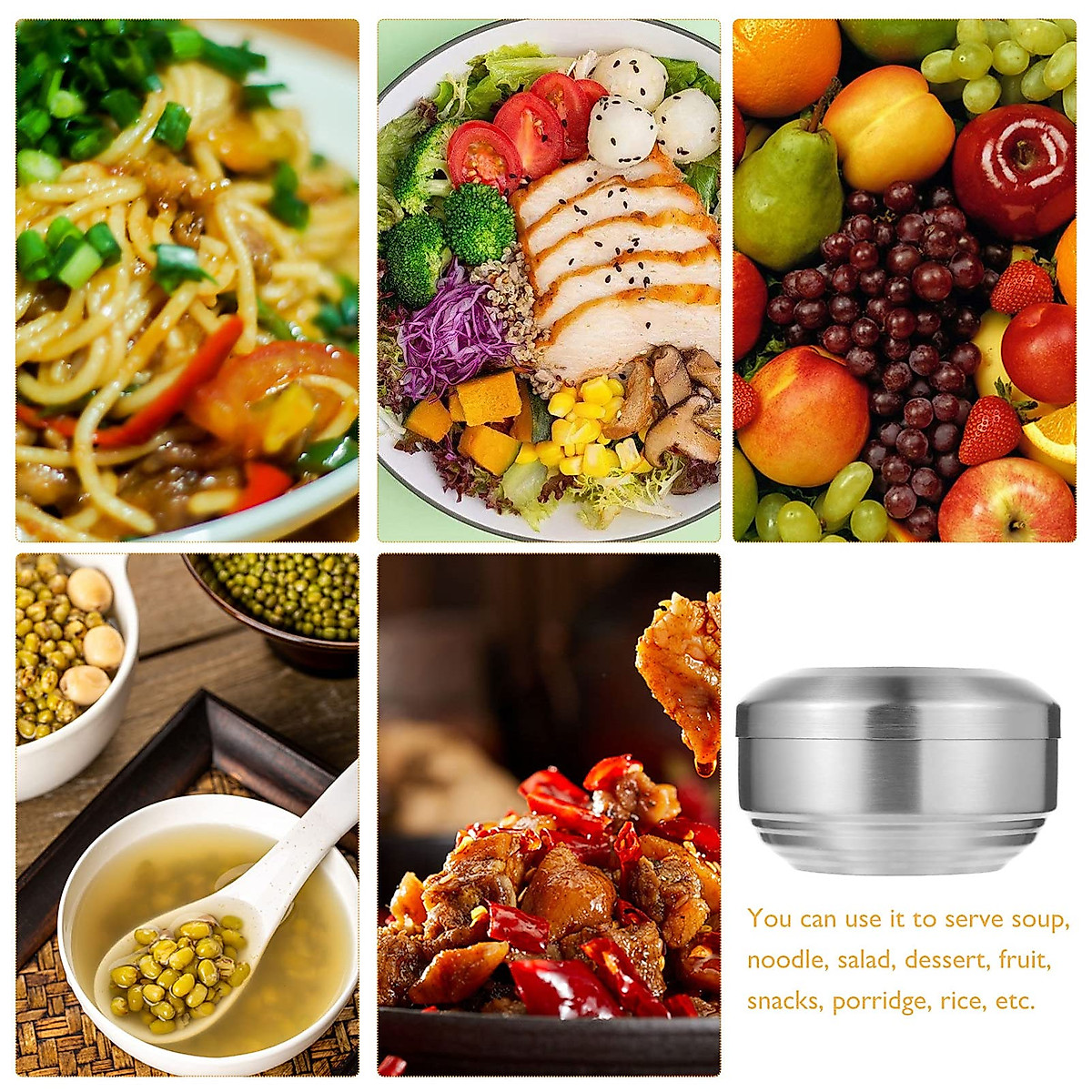 DOITOOL Korean Stainless Steel Rice Bowl with Lid Set, Vacuum Double Wall Multi- Stainless Steel Bowl with Lid Set, for Korean Kitchen Restaurant ( Sliver )