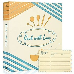 Recipe Binder Kit with Cards - 3 Ring Full Page Recipe Book Binder 8.5"x11", 60 4X6 Recipe Cards, Card Protectors, Dividers and Labels for Family Recipe Organizer, Cook with Love Design