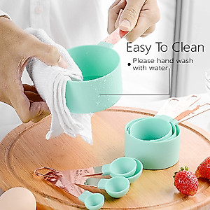 Rose Gold Stainless Steel Handle Measuring Cups and Spoons Set, 8 Piece Stackable Accurate Tablespoon for Measuring Dry and Liquid Ingredients Small Teaspoon with Plastic Head (Pink)