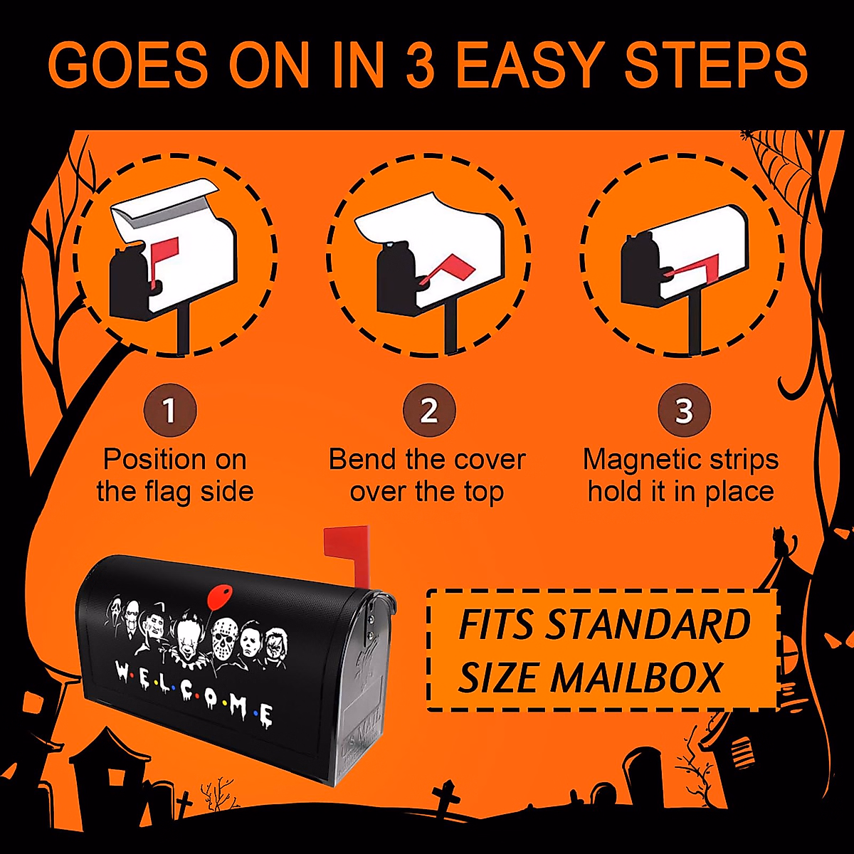 Welcome Halloween Clown Mailbox Covers Magnetic Standard Size 21x18 Inches, Hallowen Horror Movie Decor Post Box Cover Wraps Funny Garden Yard Decor