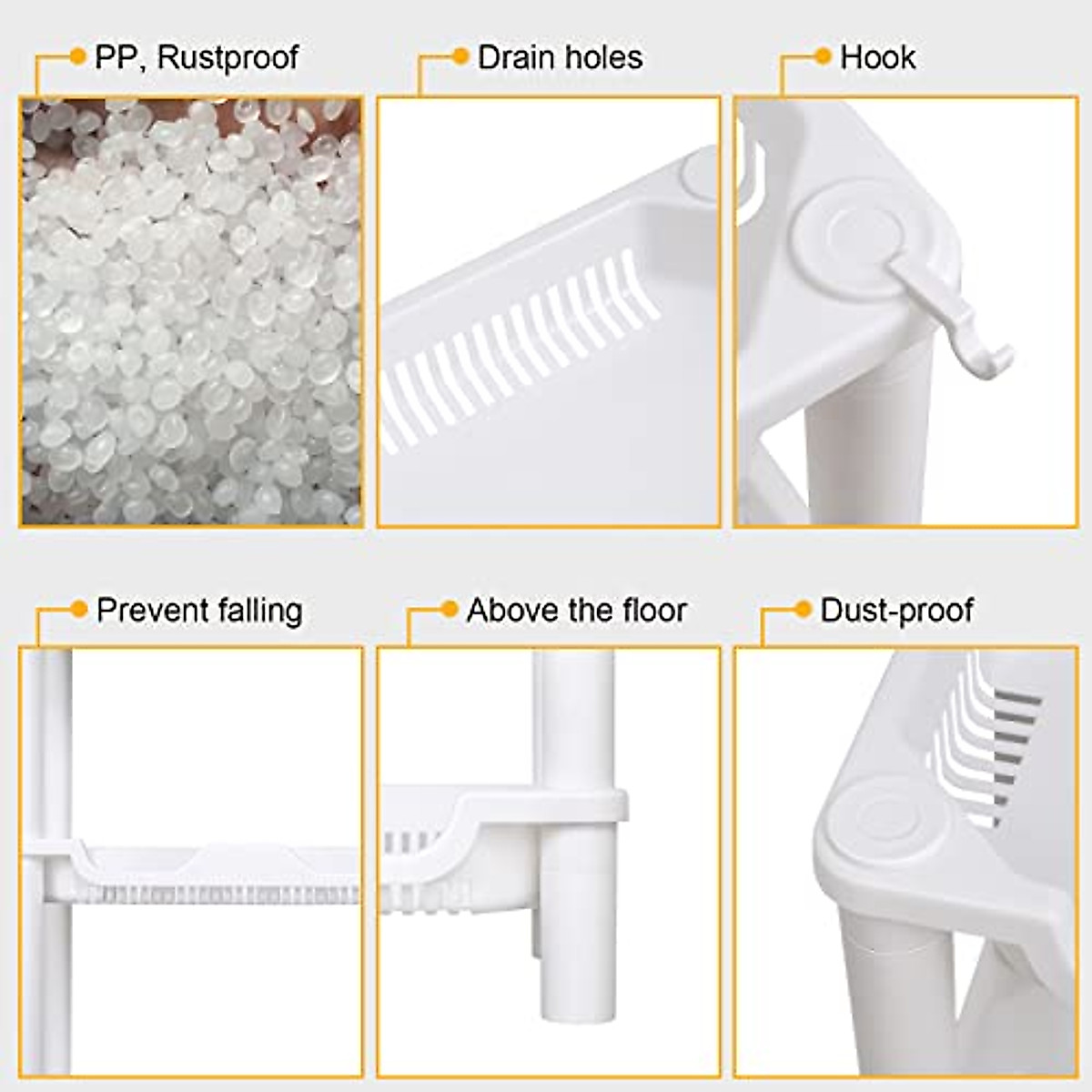 ELYKEN 4 Tier Shower Caddy Organizer Shelf Standing, 15.8 x 8.1 x 31.5 Inches, Rustproof, Plastic Floor Storage Rack for Bathroom, Countertop, Shower pan, Narrow Place, White