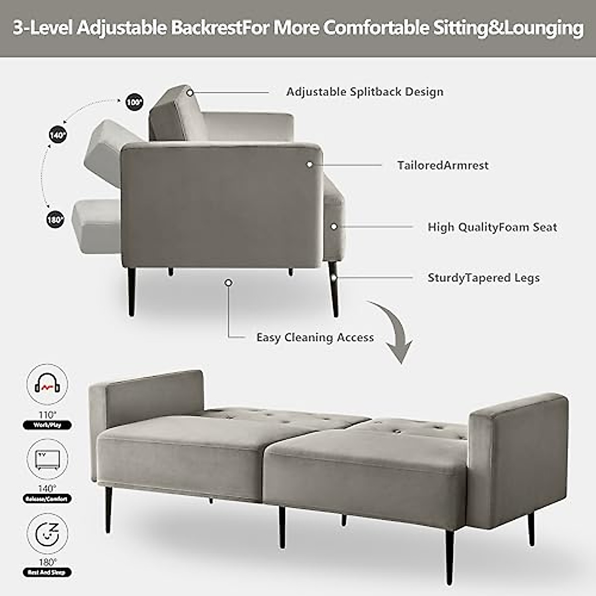 Wimarsbon Futon Sofa Bed,74" Convertible Sleeper Couch,Upholstered Loveseat with Adjustable Back,Arms and High Strength Metal Legs,Memory Foam Cushion,Suit for Living Room Office