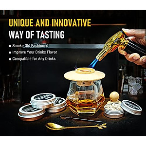 Cocktail Smoker Kit, Old Fashioned Kit for Whisky Bourbon, with Torch - Four Flavors Smoking Wood Chips, Drink Smoker Infuser Kit , Bar Set, Gifts for Him/Father/Husband/Friends（no Butane