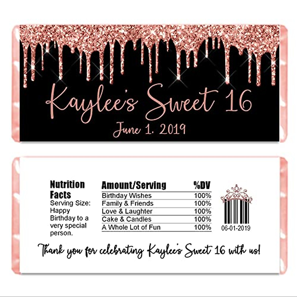 Glitter Drip Personalized Candy Bar Wrappers for Chocolate, Birthday Party Favors, Hershey Bar Labels for Baby Shower, Bridal Shower, Pack of 20 (Rose Gold/Black)