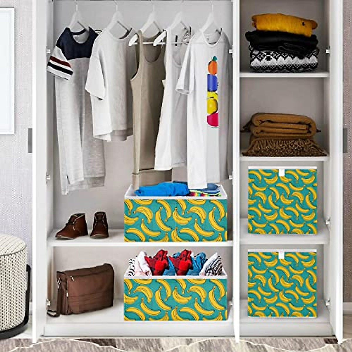 visesunny Closet Baskets Banana Storage Bins Fabric Baskets for Organizing Shelves Foldable Storage Cube Bins for Clothes, Toys, Baby Toiletry, Office Supply