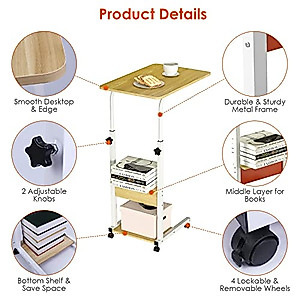 TeqHome C Shaped End Table, Height Adjustable C Side Table with Metal Frame, 4 Wheels and Storage Shelves, Rustic Snack TV Tray Table for Couch, Bed, Sofa, Living Room, Bedroom (Wood Color)