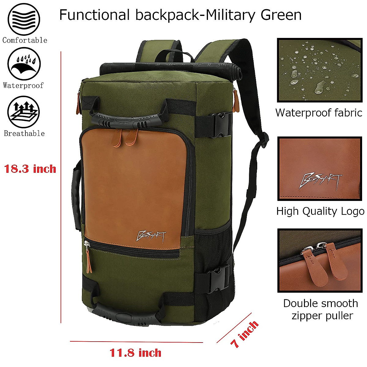 BE SMART Laptop Bag Outdoor Large Travel Waterproof Backpack Multipurpose Design fits 16 inches Computer Sport Business book bags for for Camping Hunting Hiking for Men and Woman-Green